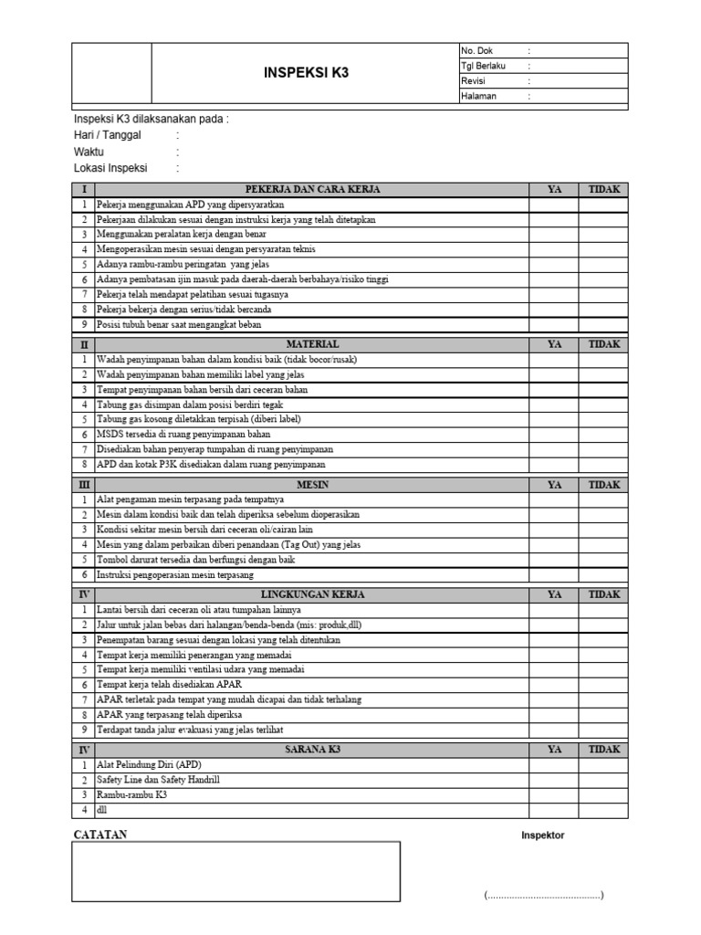 Contoh Form Inspeksi K3 | PDF