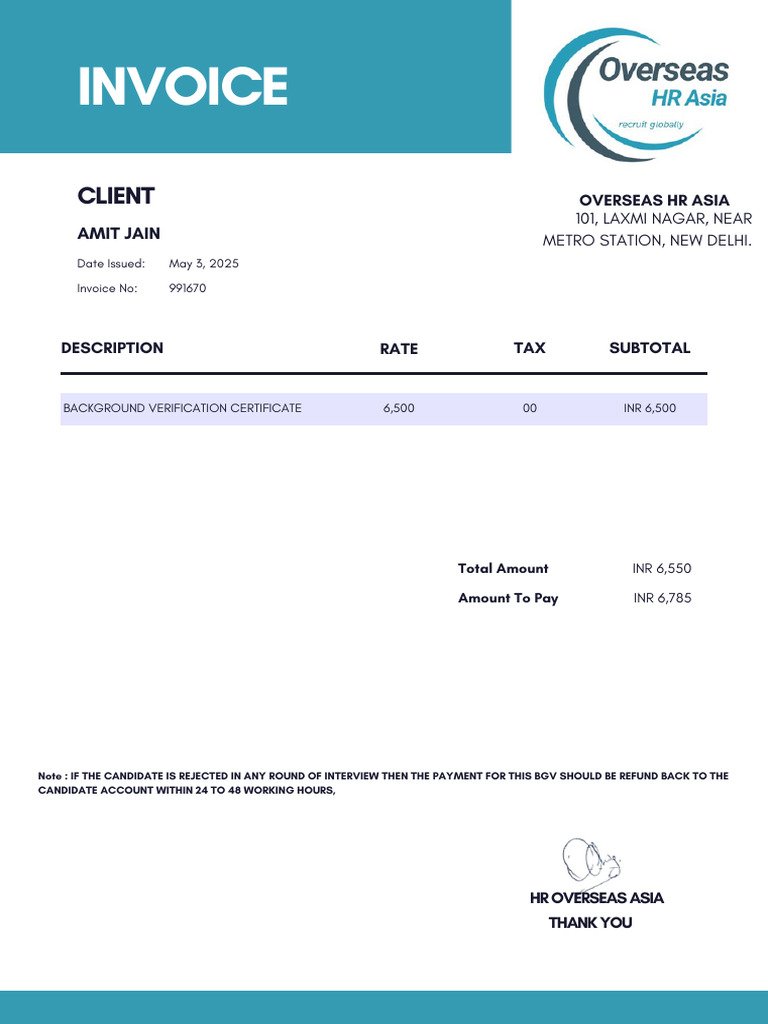 Invoice for Background Verification BGV | PDF