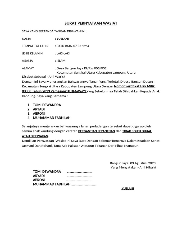 Surat Pernyataan Wasiat | PDF