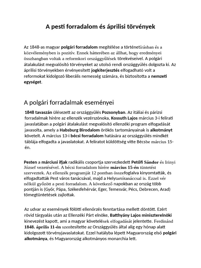 A Pesti Forradalom És Áprilisi Törvények | PDF
