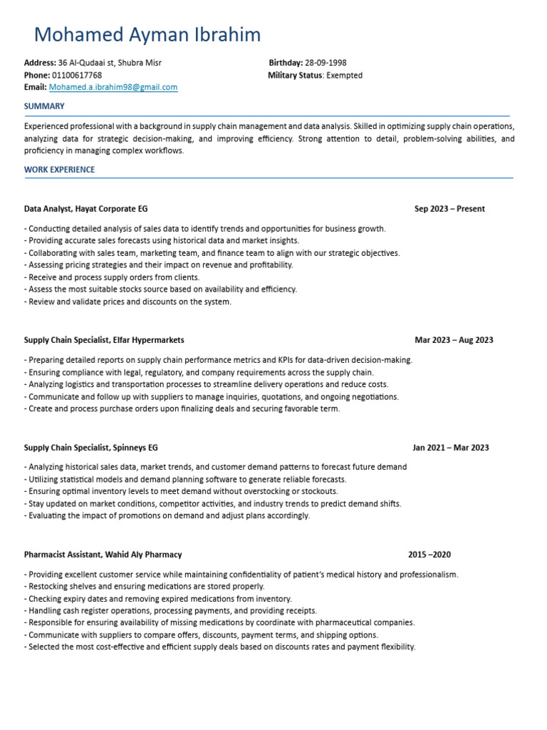 Mohamed Ayman Ibrahim CV. | PDF | Supply Chain | Data Analysis