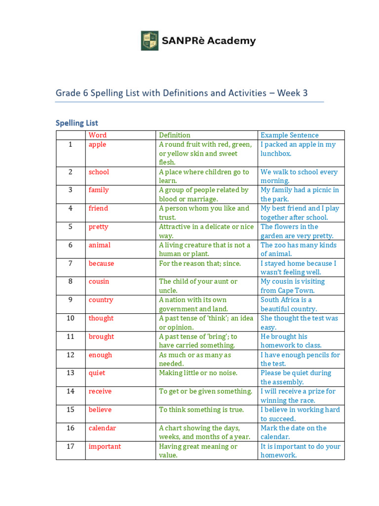 Grade 6 Spelling List Week 3 | PDF | Thought | Feeling