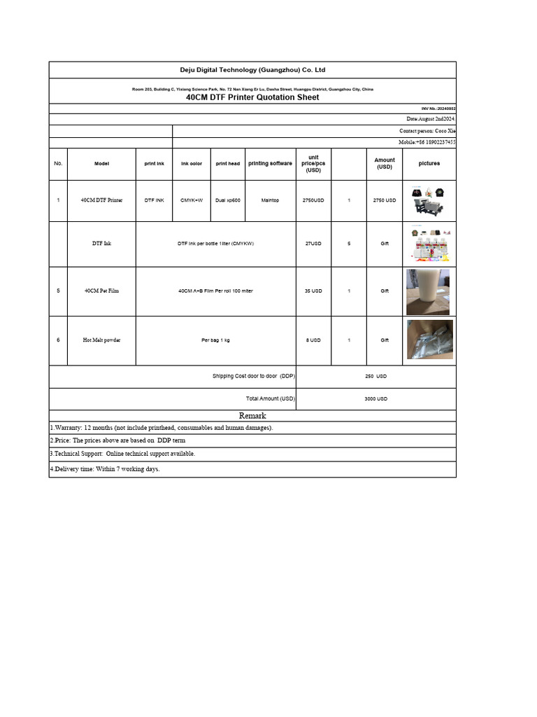 40CM-DTF-Printer-Quotation-Sheet | PDF | Publishing | Printing
