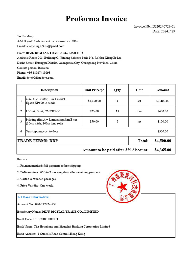 Proforma Invoice For 4060 To Sandeep 7.29 | PDF