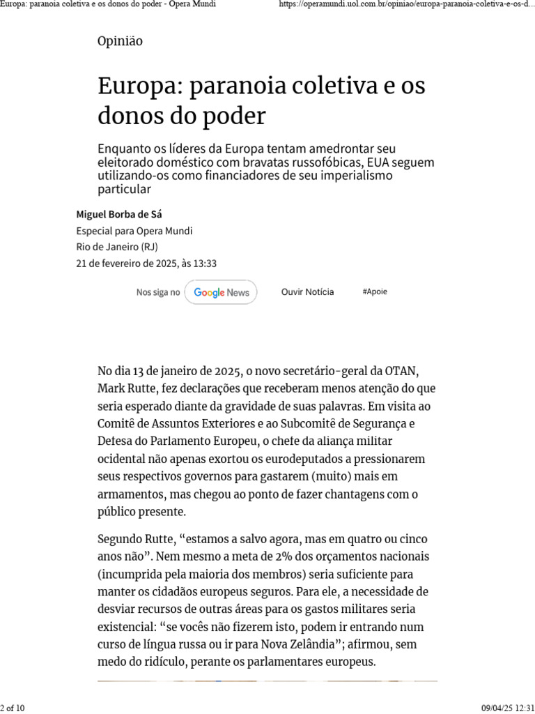 Europa_ paranoia coletiva e os donos do poder - Opera Mundi | PDF | Europa | Rússia