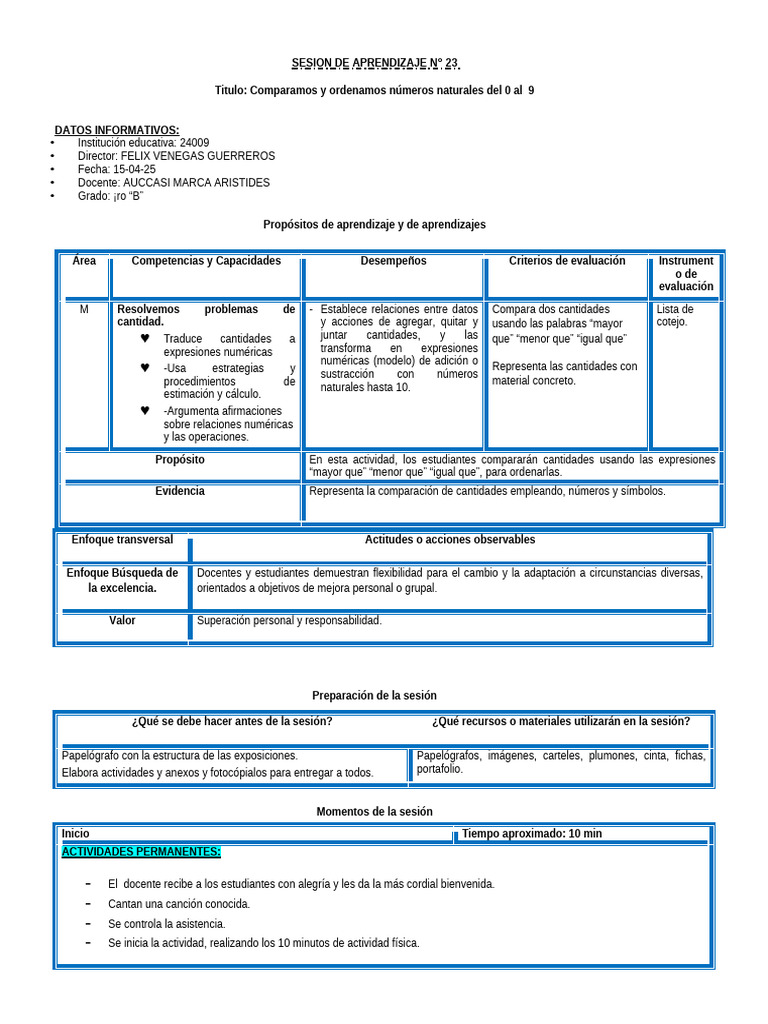 Sesion Matem. Comparamos Numeros | PDF | Evaluación | Aprendizaje