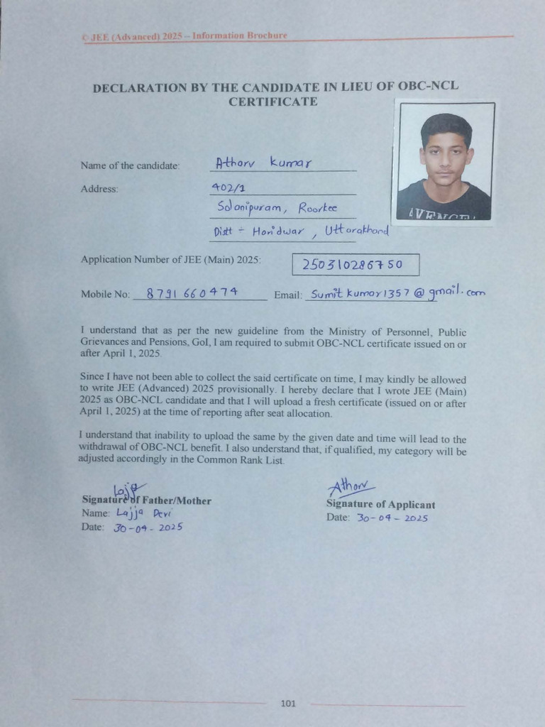 Obc Ncl Declaration Form Pdf