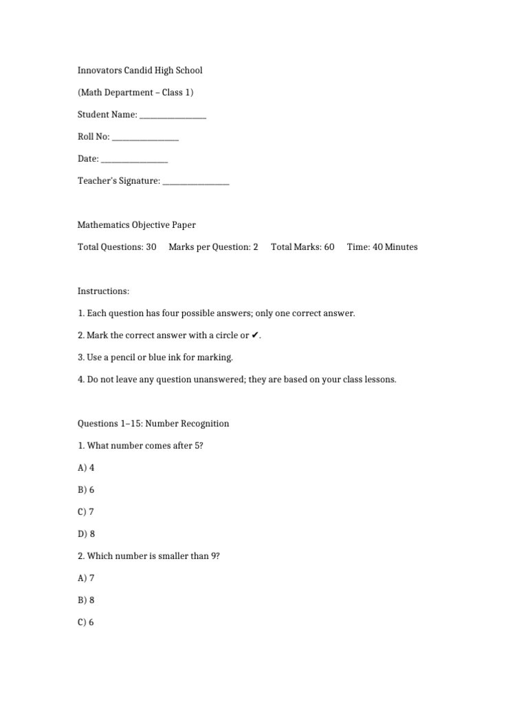 Class 1 Math Objective Paper Easy Printing | PDF