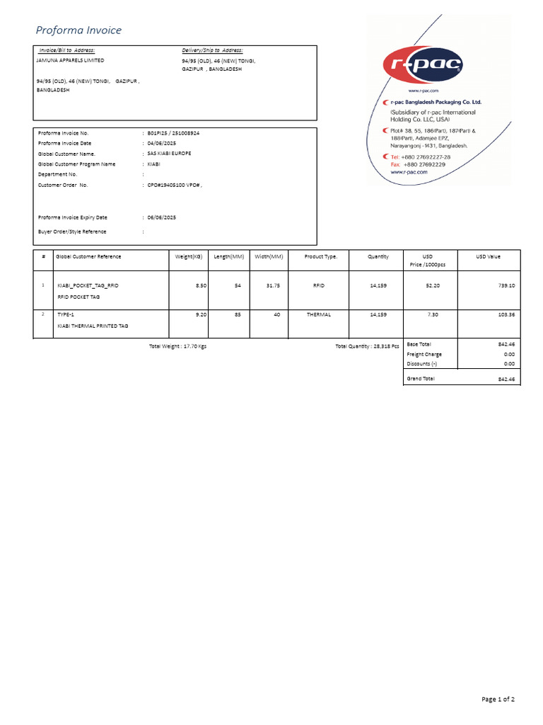 Confirm PI-Weight B01 251008924 | PDF | Invoice