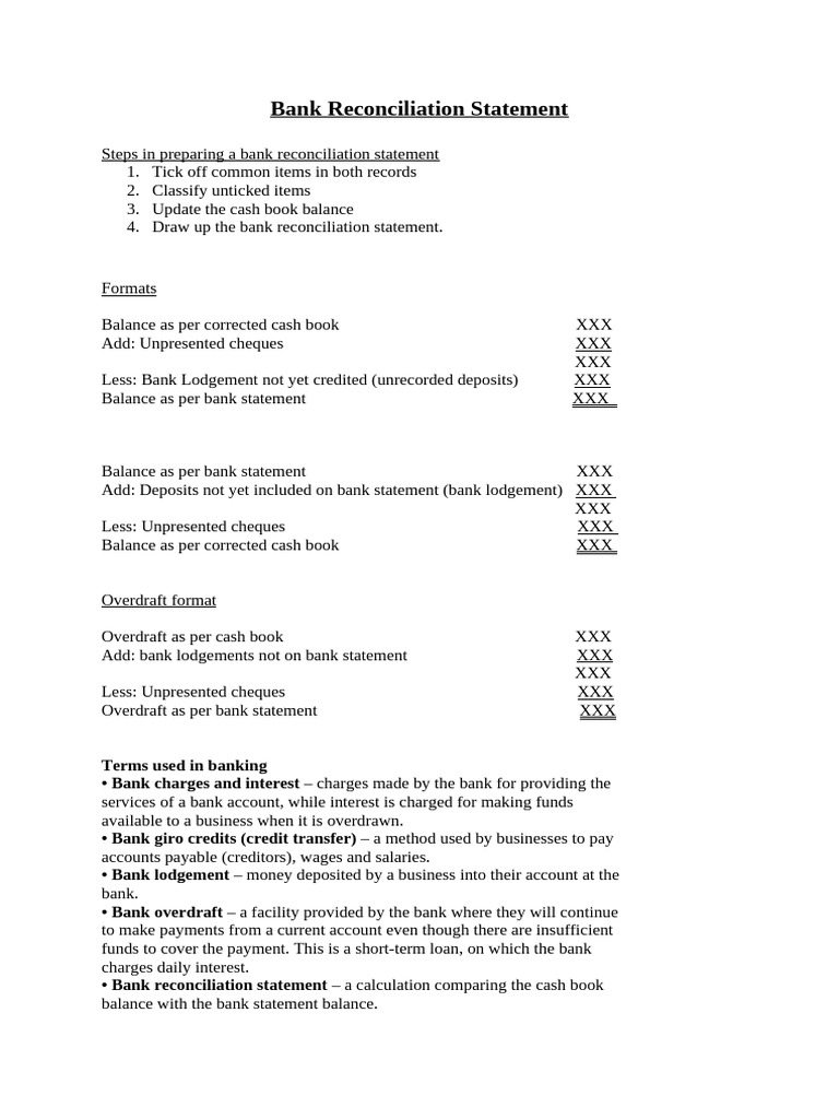 Bank Reconciliation Steps and Formats of Statements 2025 | PDF | Cheque | Banks