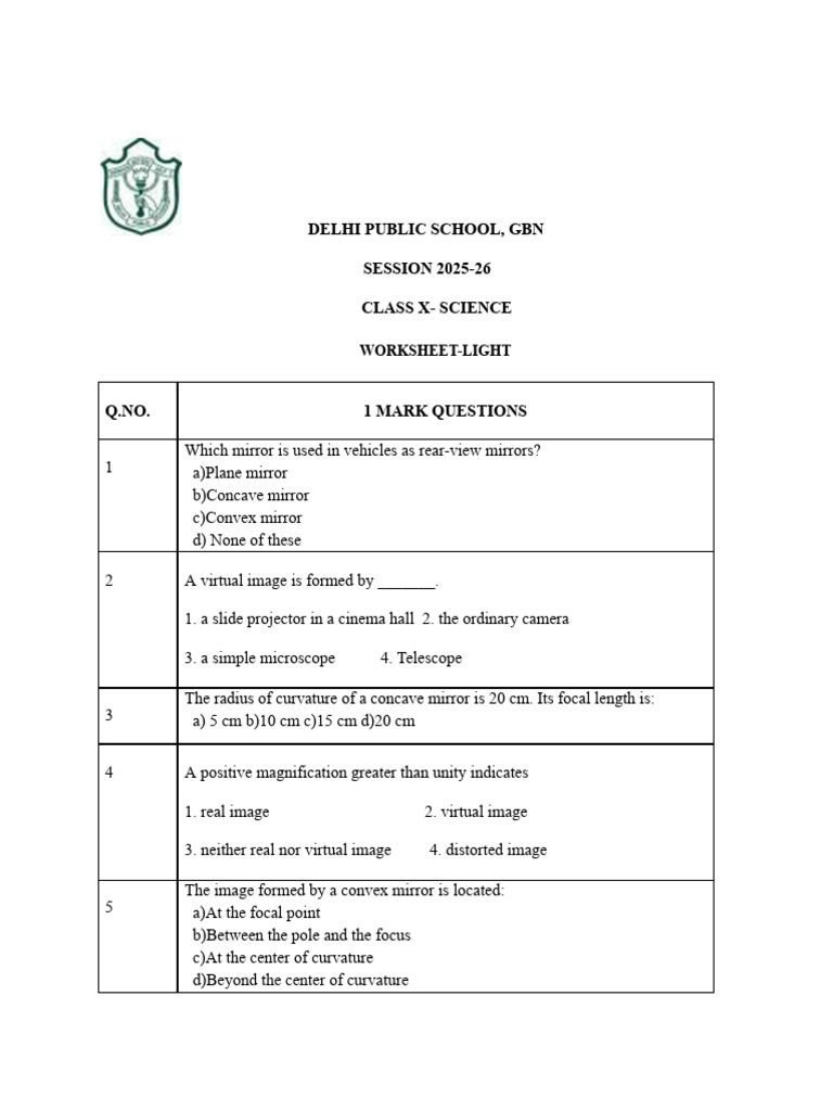 WORKSHEET Class 10th LIGHT 1 | PDF | Mirror | Optics