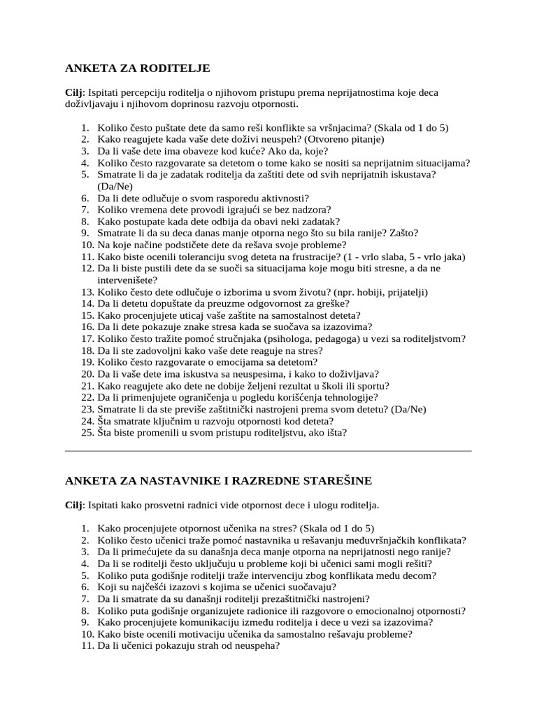 Anketa Za Roditelje 2+ | PDF