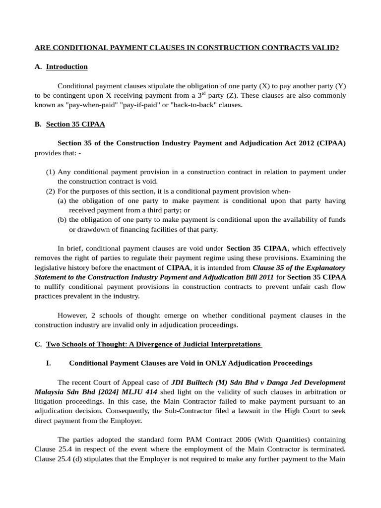Validity of Conditional Payment Clauses in Construction | PDF ...