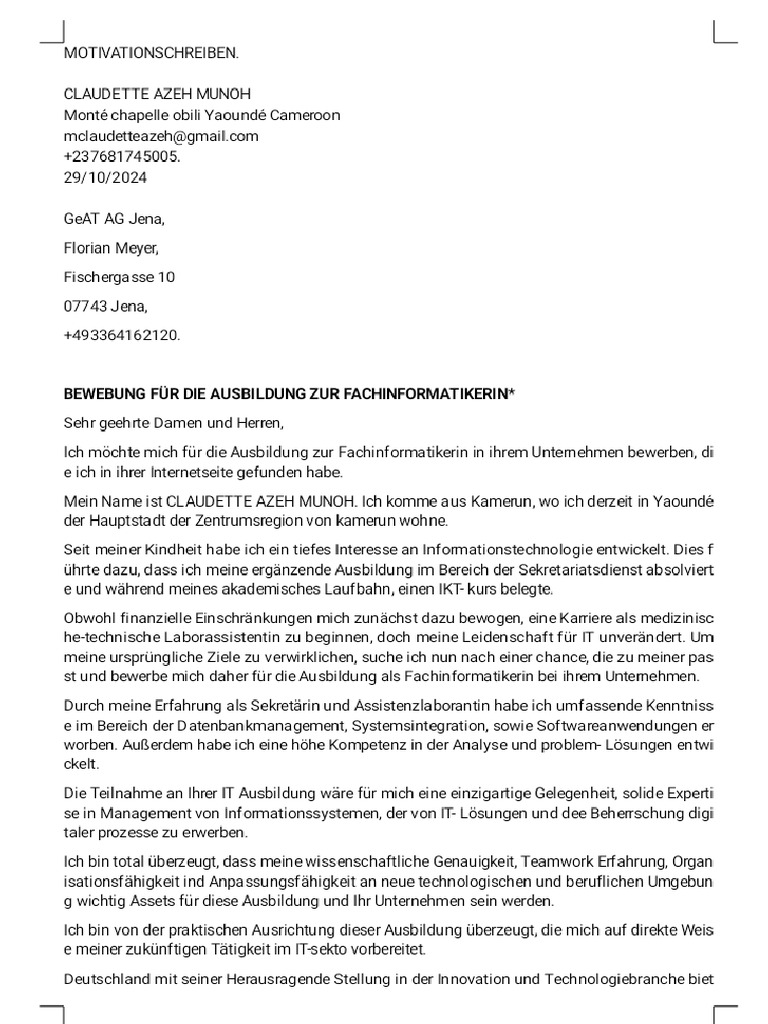 MOTIVATION LETTER MUNOH Azeh - Phoenix | PDF