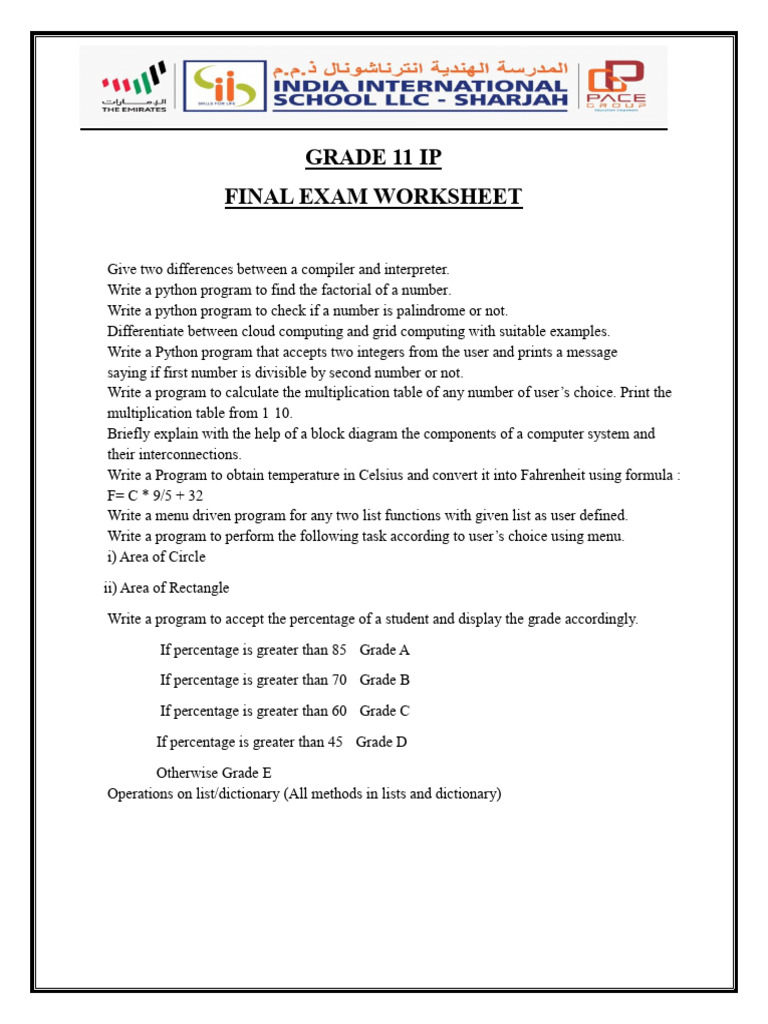 Grade 11 Ip Final Exam Worksheet | PDF