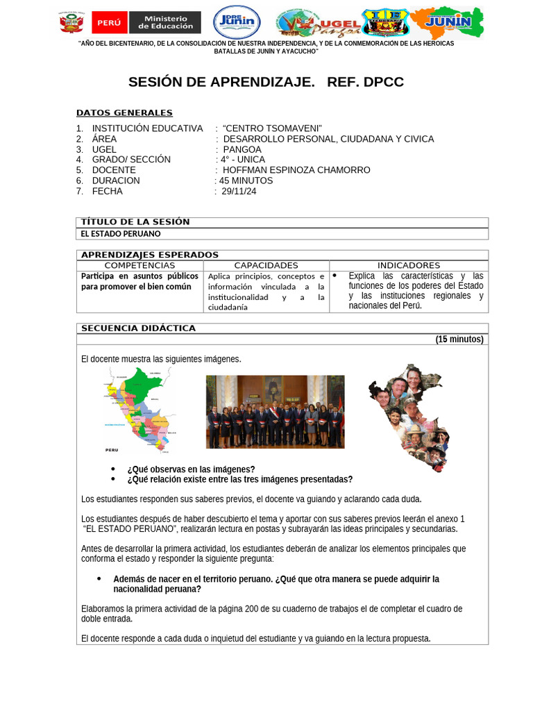 Sesion de Aprendizaje DPCC 4° | PDF | Perú | Cognición