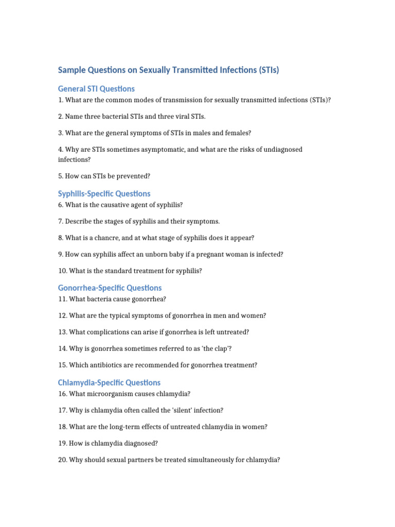 STI Sample Questions | PDF | Sexually Transmitted Infection | Microbiology