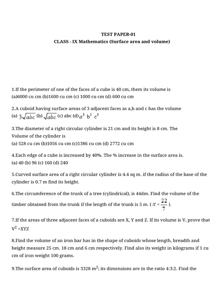 9 Mathematics Test Paper Ch13 1 | PDF | Area | Volume