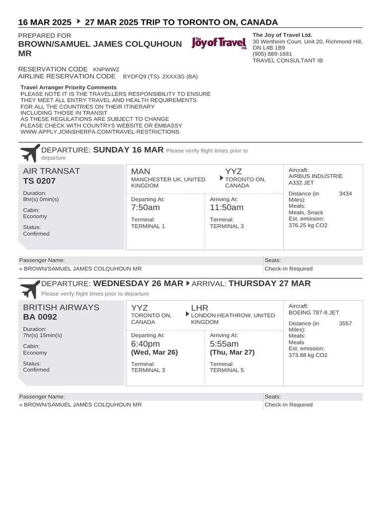 Travel Reservation March 16 For MR Samuel James Colquhoun Brown | PDF ...