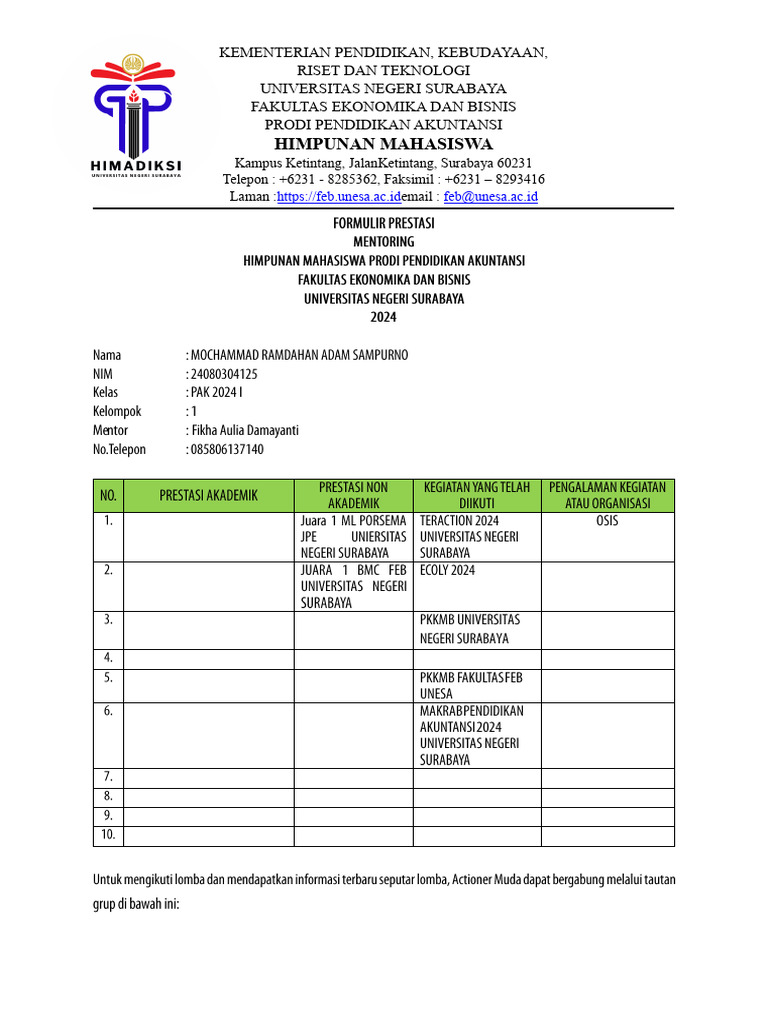Formulir Prestasi Mentoring 2024 | PDF