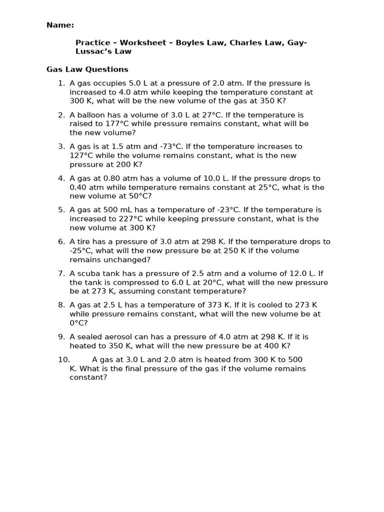 Gas Law Questions Practice - Boyles, Charles, Gay Lussac's | PDF