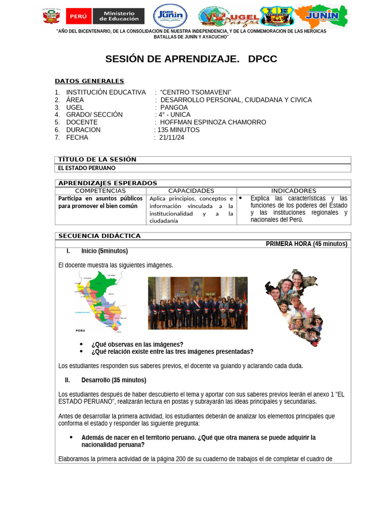 Sesion de Aprendizaje DPCC 4° | PDF | Perú | Aprendizaje