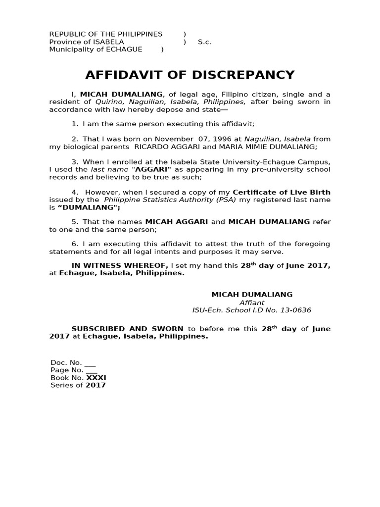 Micah Dumaliang Affidavit of Discrepancy | PDF