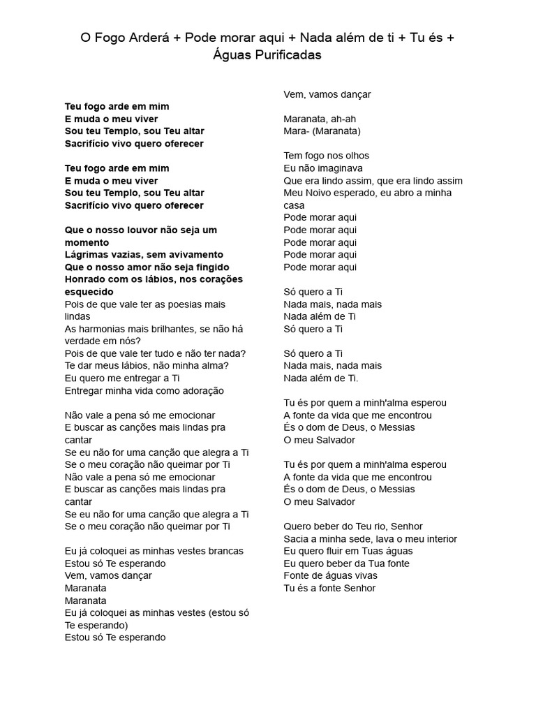1° Medley O Fogo Arderá - Pode Morar Aqui - Nada Além de Ti - Tu És - Águas Purificadas-1 | PDF
