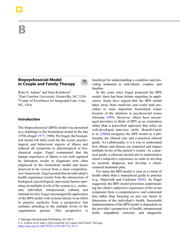 2.2s (Aamar & Kolobova, 2019) Biopsychosocial Model in CTX | PDF | Psychiatry | Psychotherapy