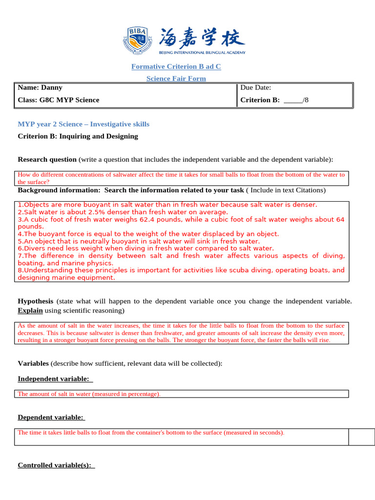 Science Fair Form From Luwis Criterion B and C | PDF | Buoyancy ...
