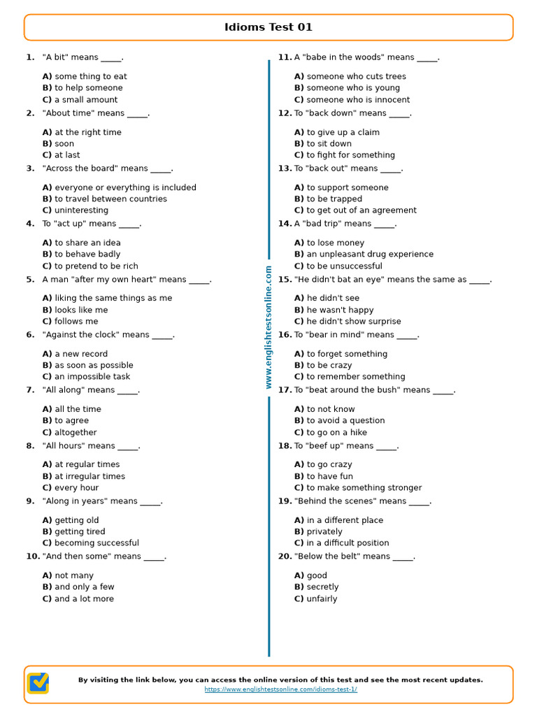 11.3 - Idioms - Test With Answer Key | PDF