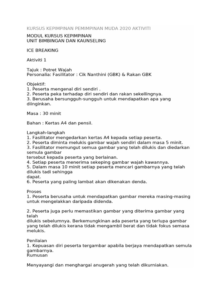 Aktiviti Kursus Kepimpinan Muda 2020 | PDF