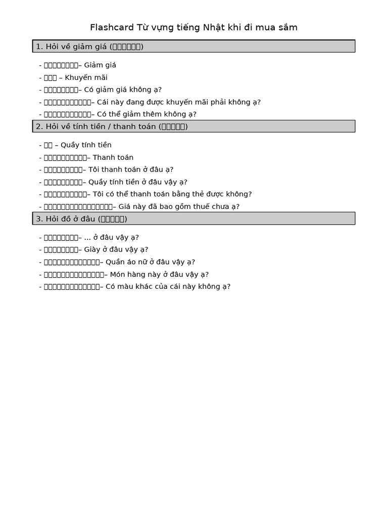 Flashcard Tieng Nhat Mua Sam | PDF