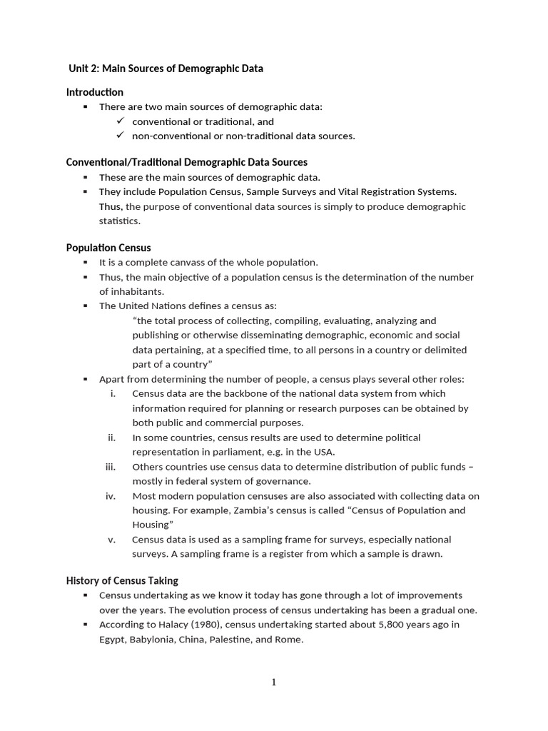 Unit 2 - Main Sources of Demographic Data | PDF | Census | Survey ...
