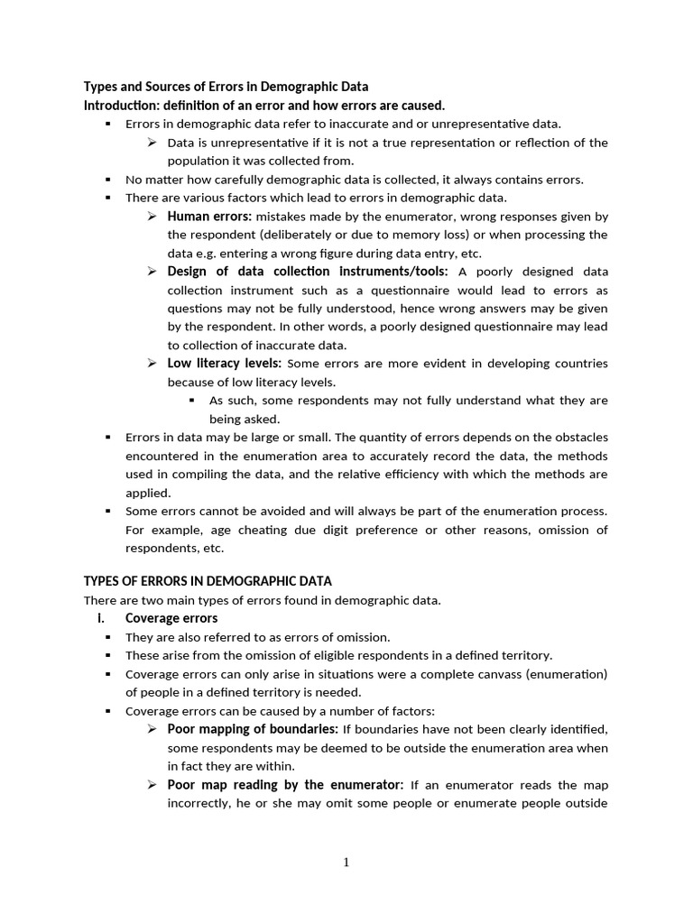 Unit 3 - Types and Sources of Errors in Demographic Data | PDF ...