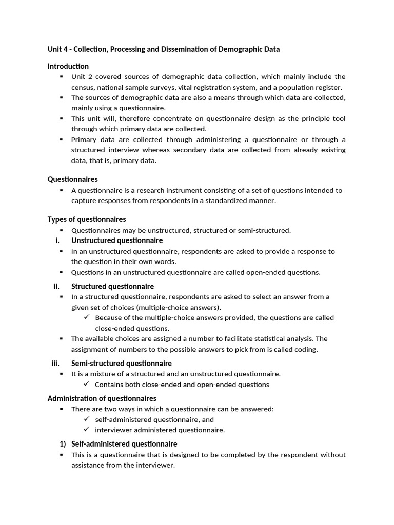 Unit 4 - Collection, Processing and Dissemination of Demographic Data ...