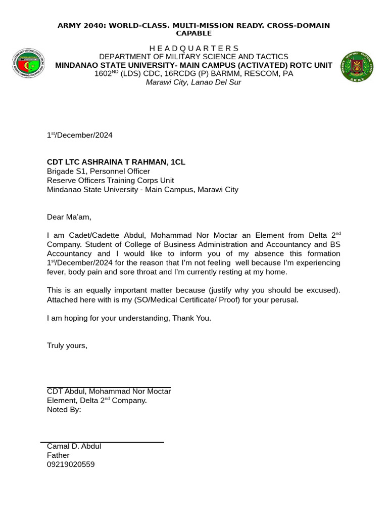 ROTC Excuse Letter Format | PDF