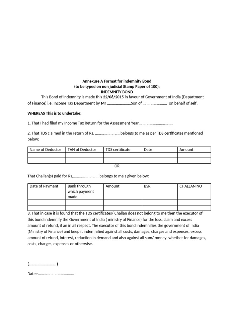 Indemnity Bond Format for TDS Refund | PDF