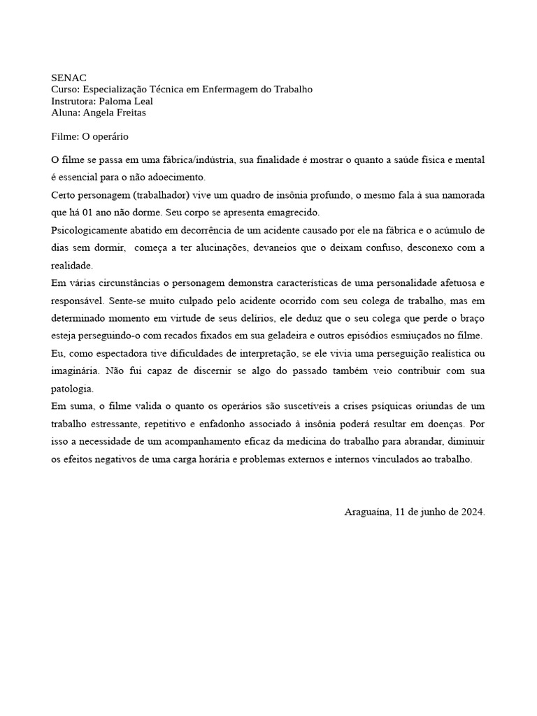 Resumo Filme o Operário PDF | PDF