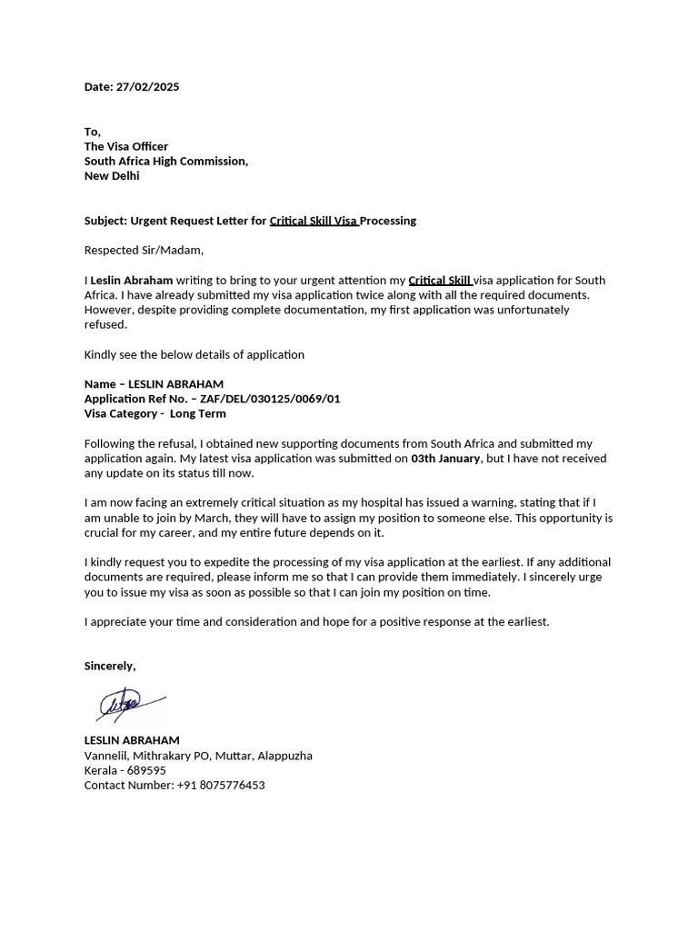 Request Letter - Leslin Abraham | PDF