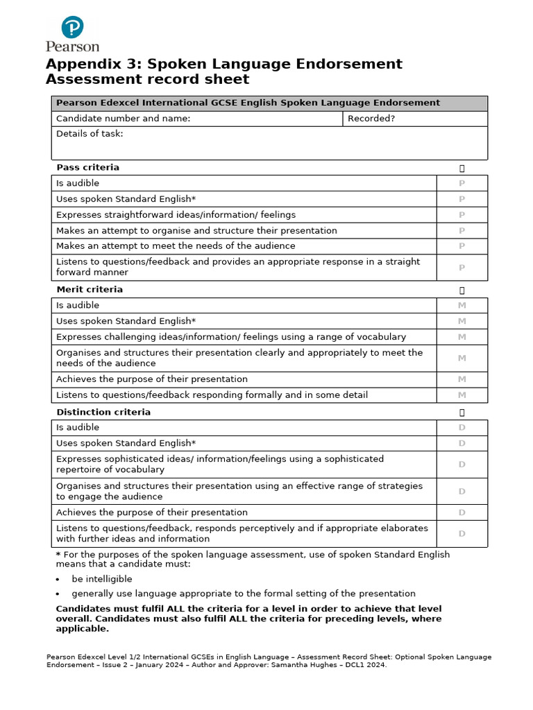 Spoken Language Endorsement Assessment Record Sheet | PDF ...