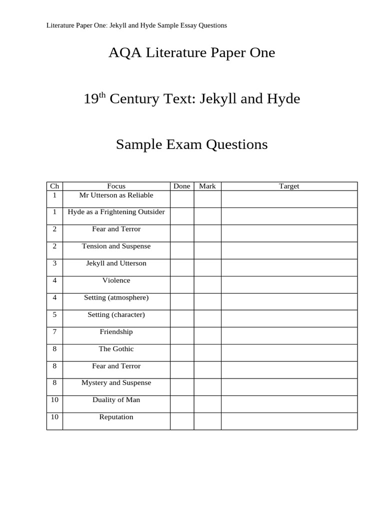 AQA Literature Paper One Exam Questions | PDF | Strange Case Of Dr ...