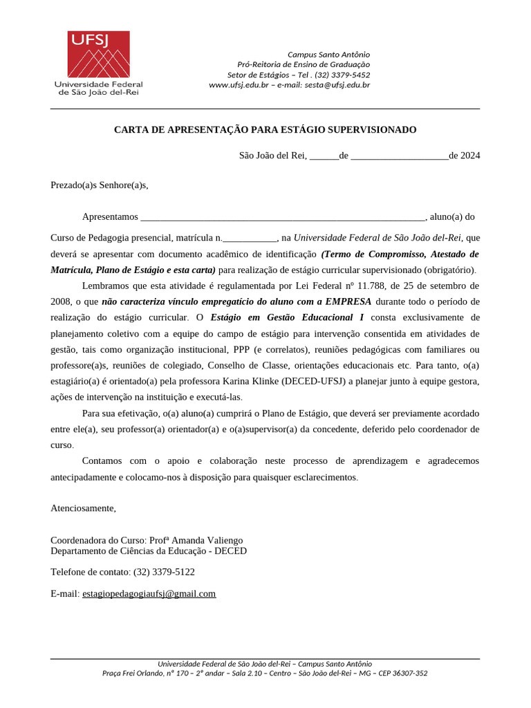 CARTA_DE_APRESENTACAOGESTAO_Obs (1) | PDF | Pedagogia | Estágio