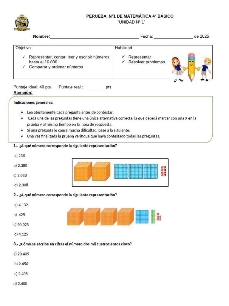 4° Prueba de Números | PDF