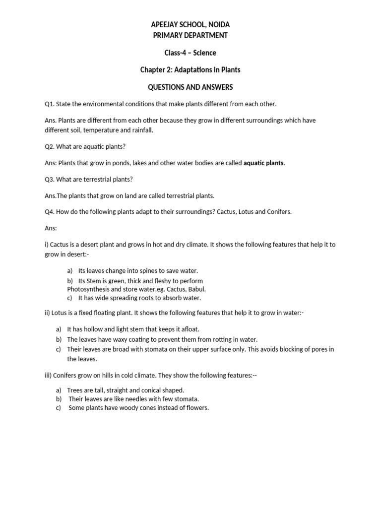 Adaptations in Plants for Class 4 | PDF