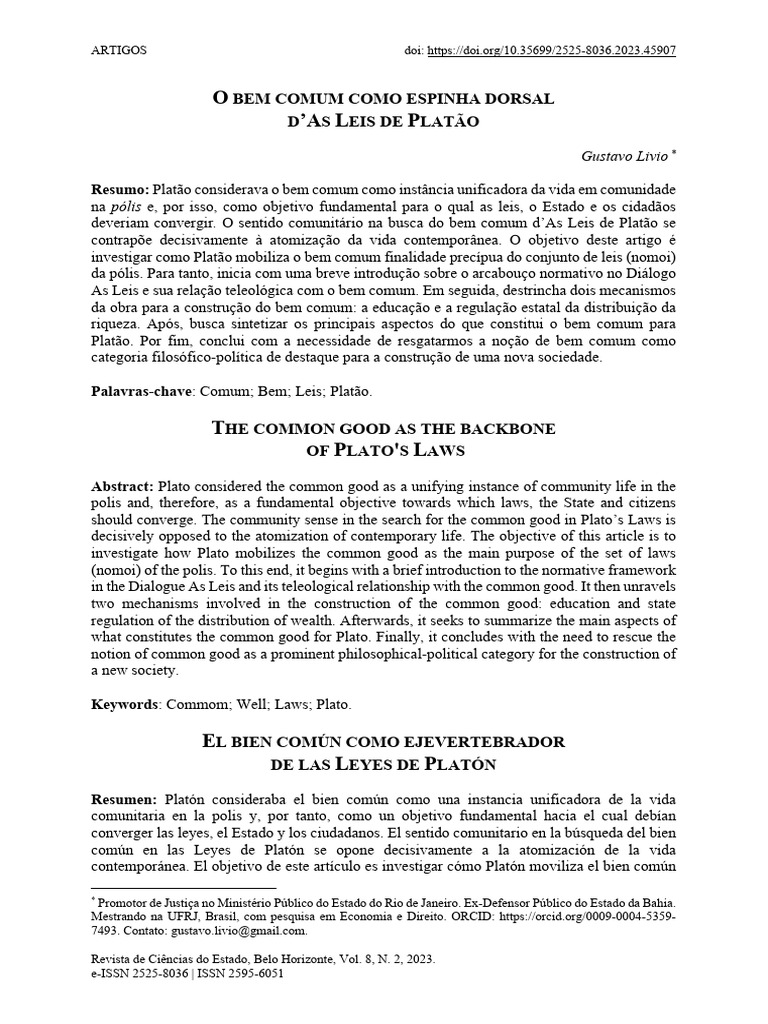 O Bem Comum Como Espinha Dorsal Das Leis | PDF | Platão | Estado