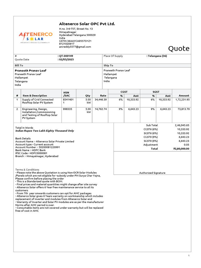 5 KWP Rooftop Solar PV Power Plant Quotation For Praneeth Pranav Leaf ...