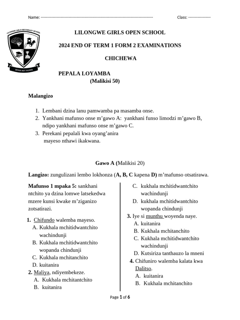 Chichewa Paper 1 Form 2 Open | PDF