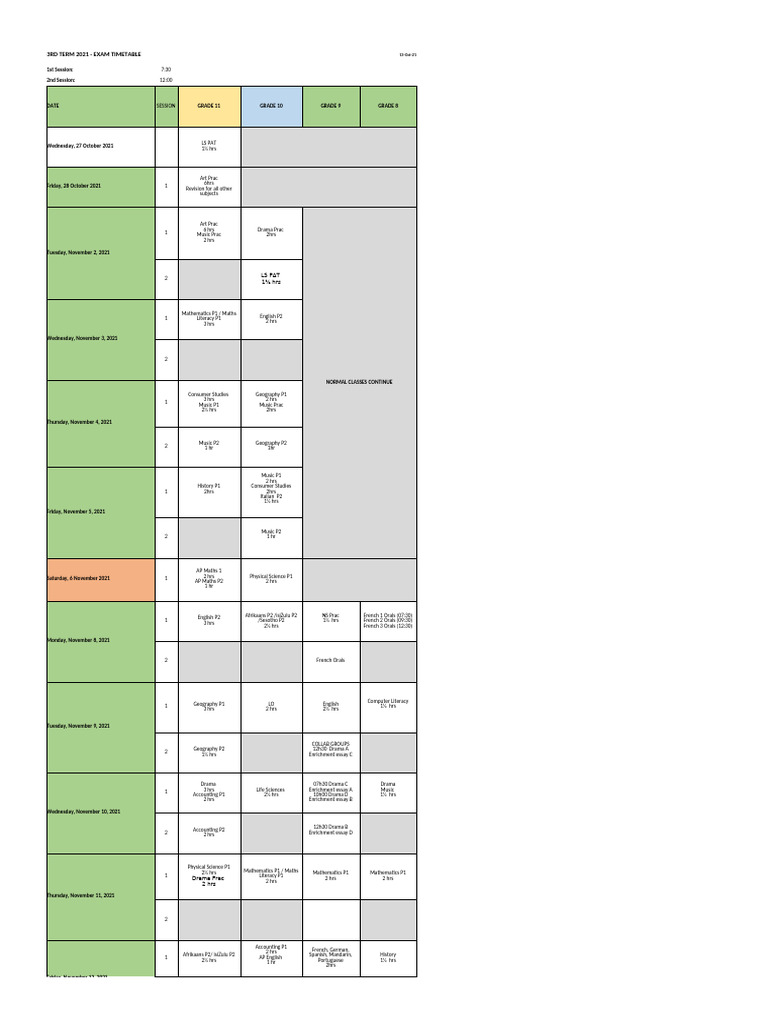 Term 3 2021 - Final Exam Timetable | PDF | Educational Stages ...