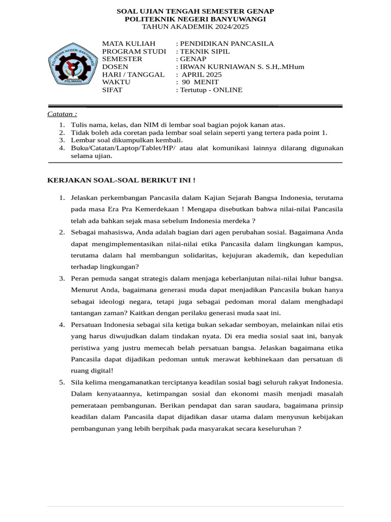 Soal Uts Pancasila Teknikk Sipil Pdf